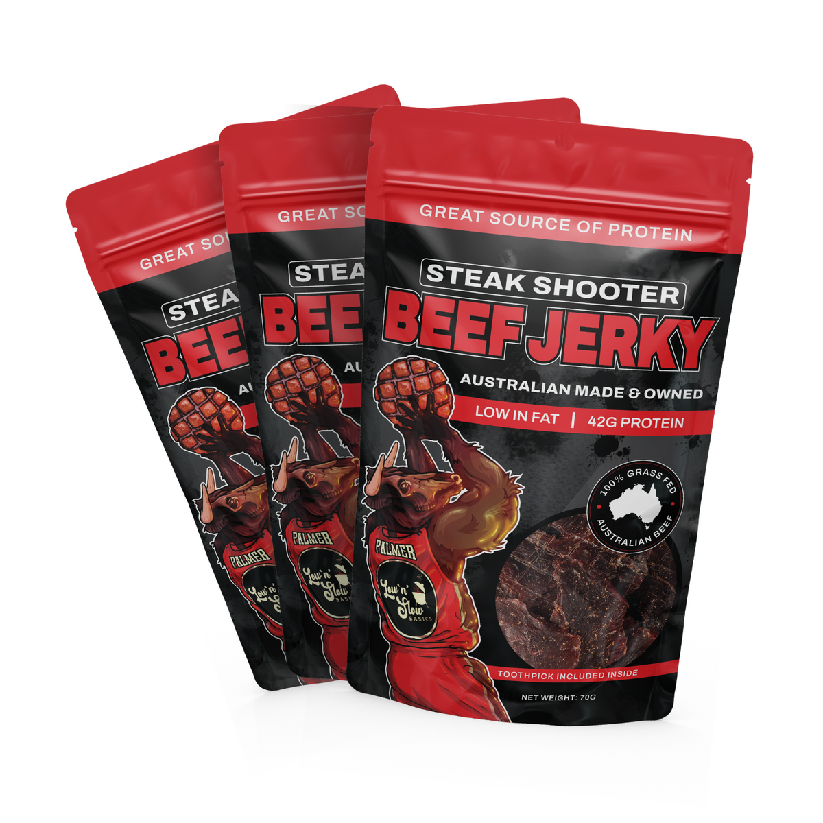 Low 'n' Slow Basics "Steak Shooter" Jerky 70g x 3 Pack - LNS-BJSS3-BUN ...